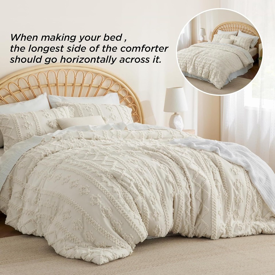 King Tufted Boho Comforter Set - Beige Boho Bedding Comforter Set, 3 ...