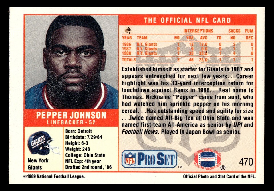 1989 Pro Set #470 Pepper Johnson | eBay