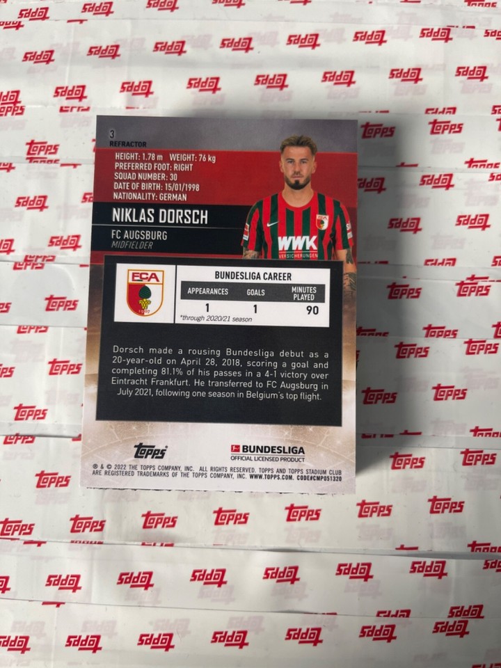 Niklas Dorsch 2022 Topps Stadium Club Chrome Bundesliga RC #3 FC Augsburg refrac | eBay