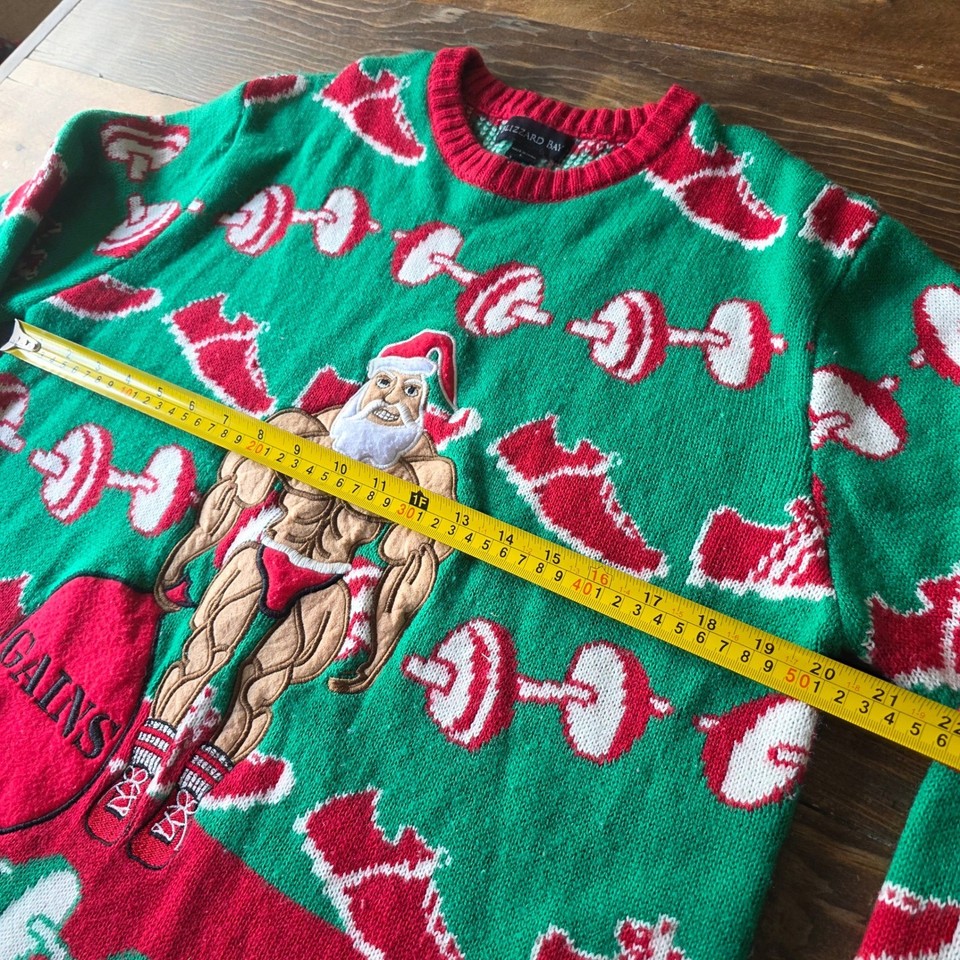 Mens Ugly Christmas Sweater Bodybuilder Santa Gains funny Green Red ...