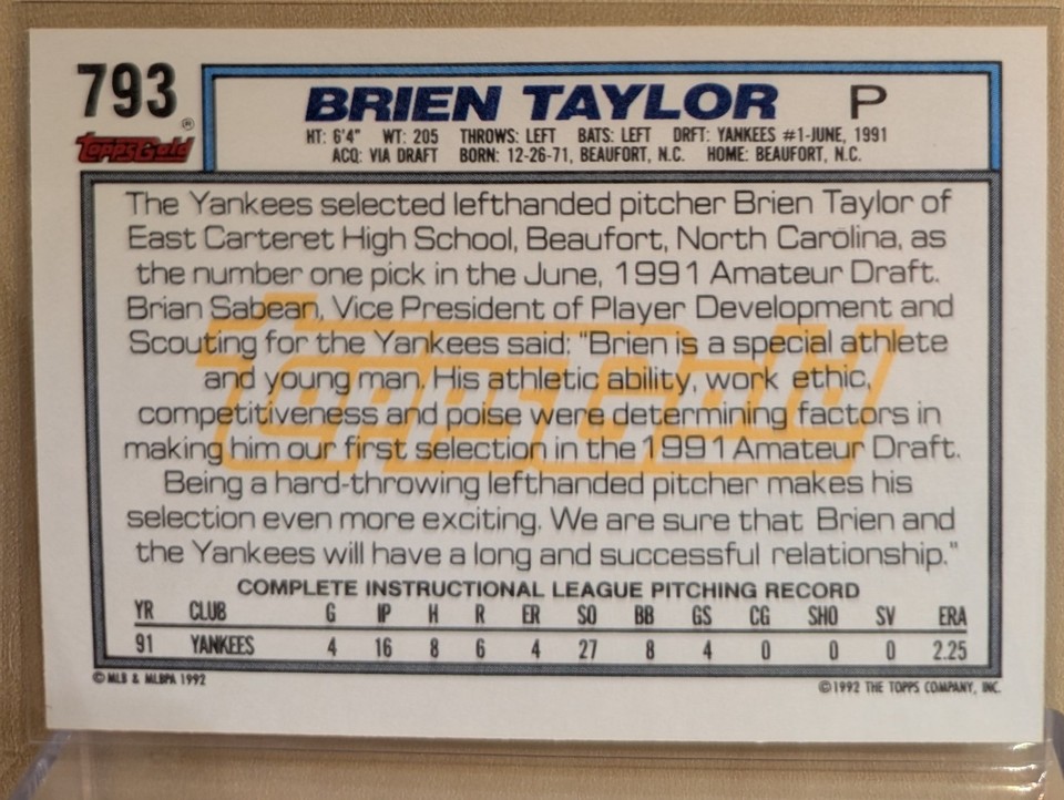 1992 Topps GOLD AUTO #793 Brien Taylor Yankees RARE ON CARD ROOKIE RC ...