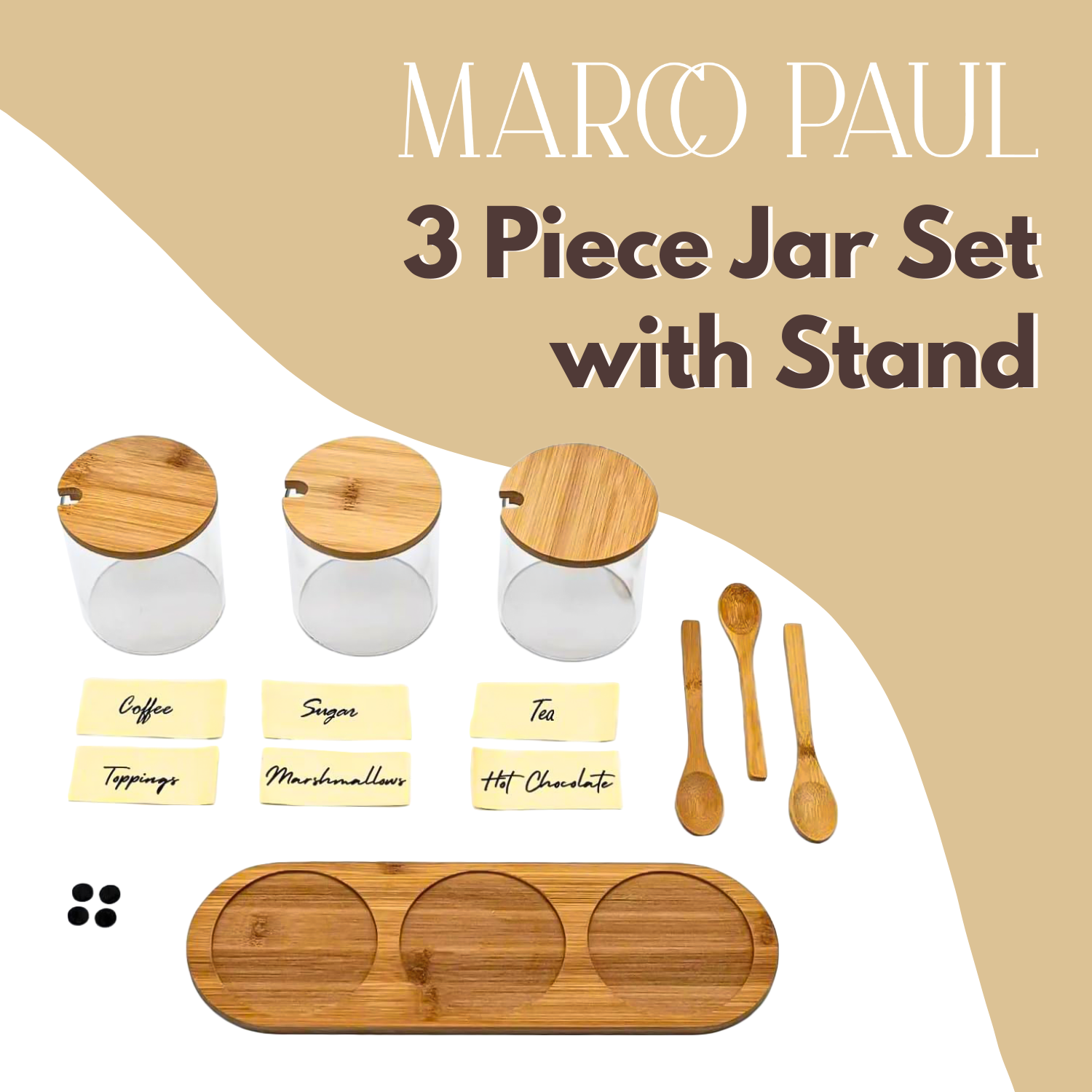 Hot Drinks Station Set 3pc Glass Jars Storage Wooden Lids Chocolate Tea ...
