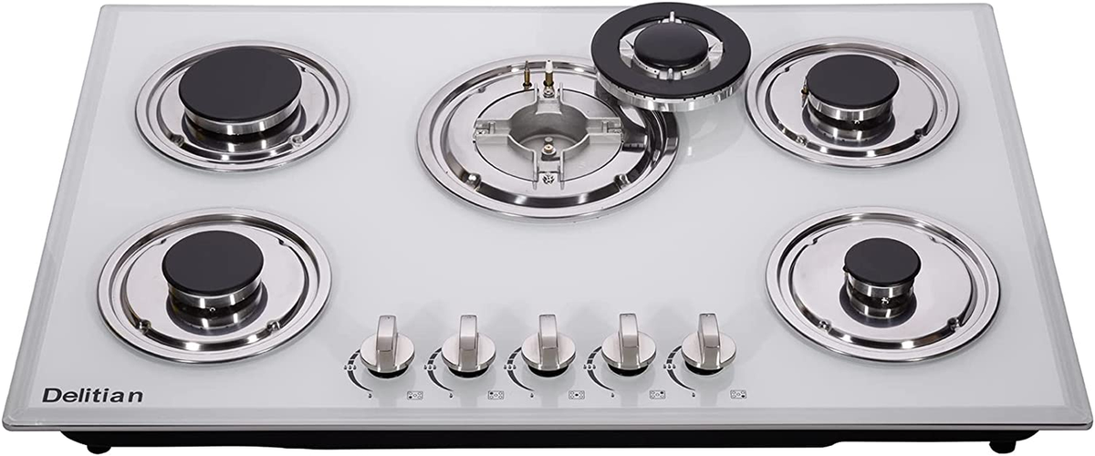 30 Inch Gas Cooktop 30" White Glass Gas Cooktop - 5 Burner Convertible ...