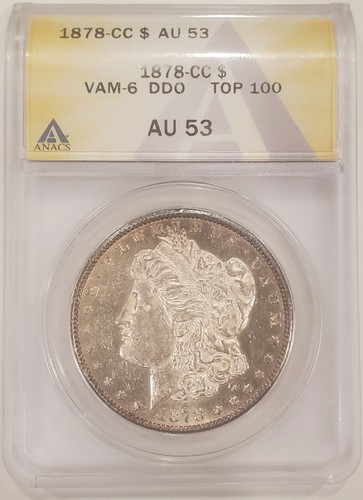 1878 CC Morgan Silver Dollar ANACS AU53 VAM 6 Doubled Leaves Top 100 ...