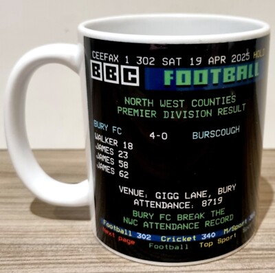 Bury Football Club NWCFL Champions 2025 Retro Ceefax Mug Coffee / Tea ...