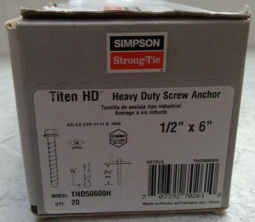 (20PK) Simpson Strong Tie THD50600H Titen HD Concrete Screw Anchor Zinc ...