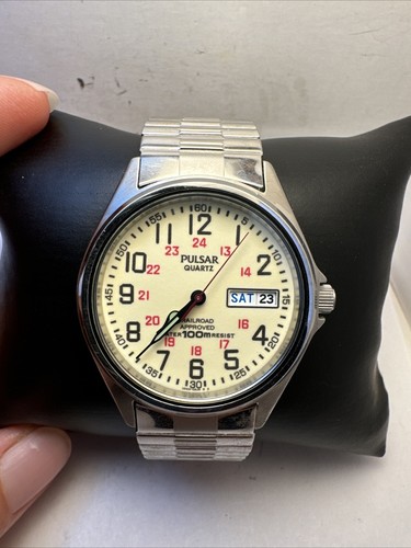 Pulsar Railroad by Seiko Men’s Silver Steel Day/Date 5ATM 36mm Watch ...