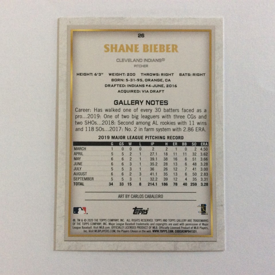 2020 Topps Gallery #28 Shane Bieber Cleveland Indians Wood Border | eBay
