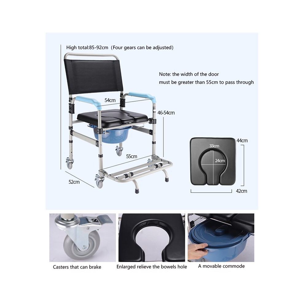 Mobile Shower Chair Elderly Bathroom Aid Stool Adult Potty Wheelchair ...