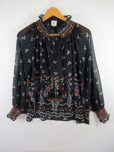 Cabi Enjoy Sheer Smocked Blouse Small Blue Tassel Boho Floral 5784 | eBay
