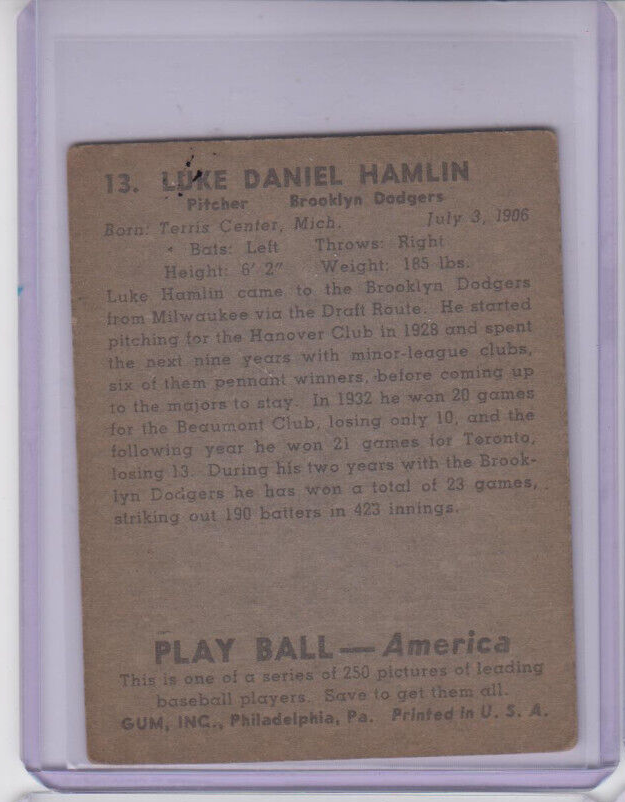 1939 Play Ball # 13 Luke Hamlin Rookie Signed / Autograph Brooklyn ...