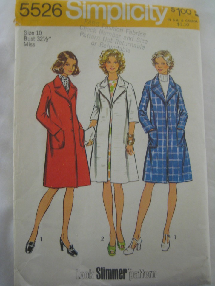 Vintage Simplicity 5526 OPTIONAL BUTTONING LINED COAT Sewing Pattern ...