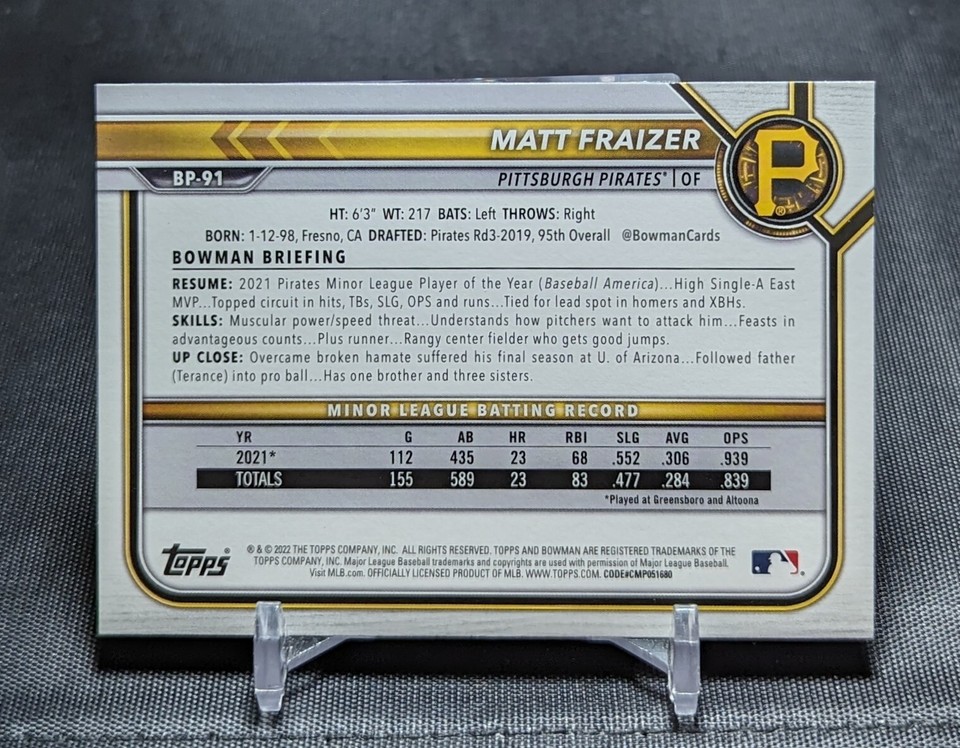 Matt Frazier 1st Rookie Card RC 2022 Bowman Prospects #BP-91 Pittsburgh ...