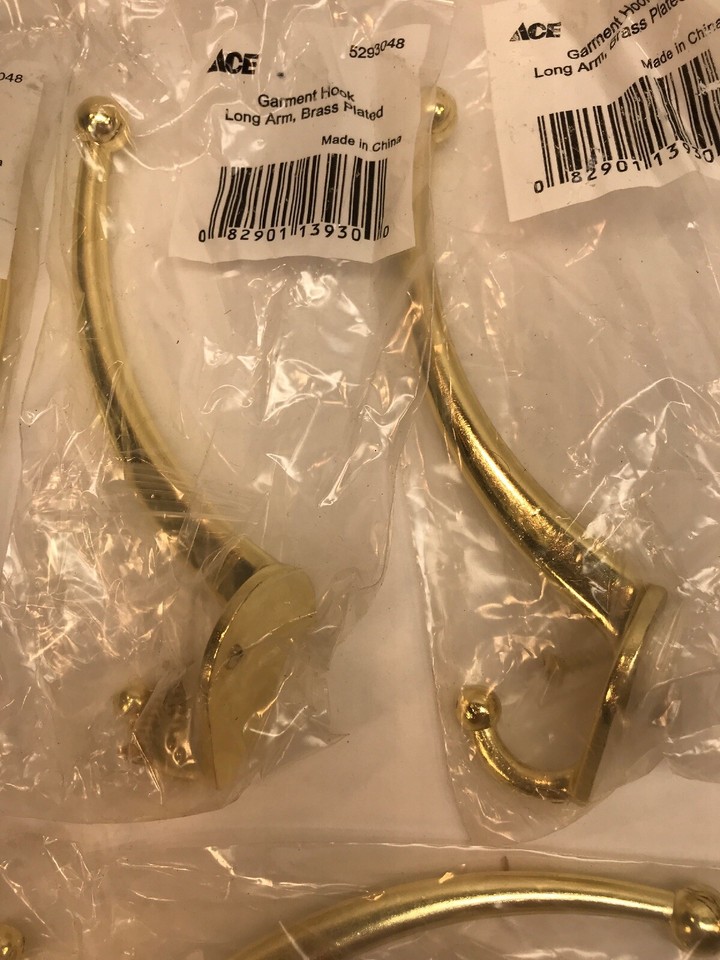 5 GARMENT HOOKS-LONG ARM 5 3/8" BRASS FINISH ACE METAL FREE Shipping ...