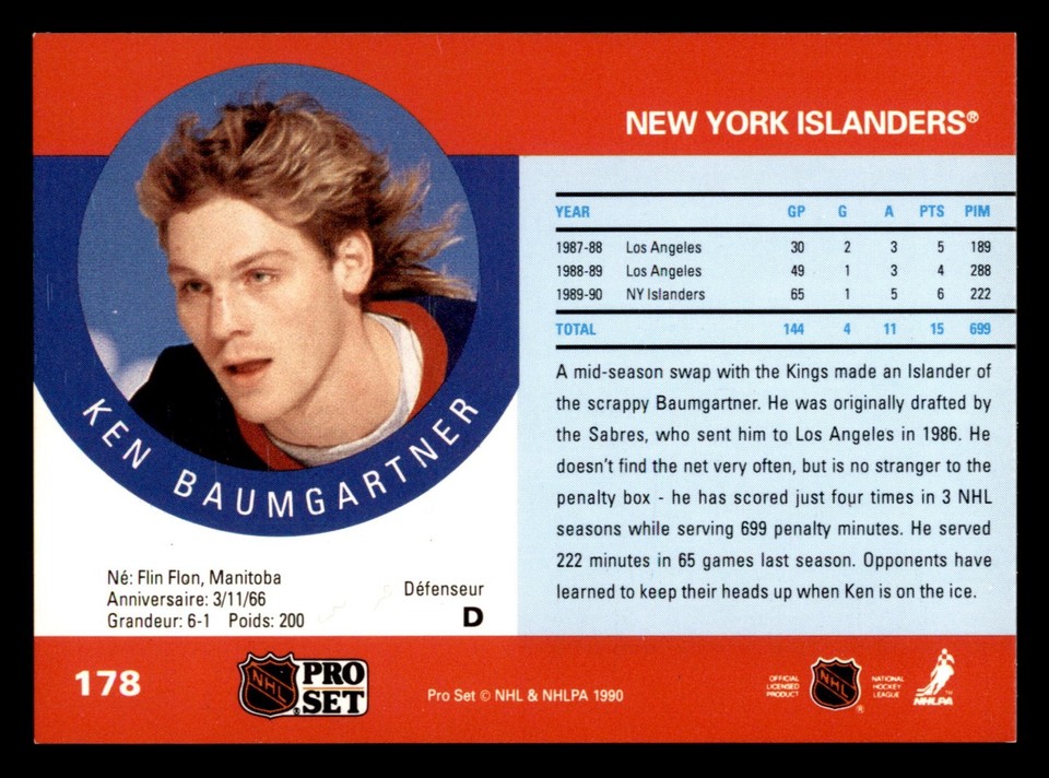 178 Ken Baumgartner 24 Islanders 1990 Pro Set Hockey Sports Trading ...