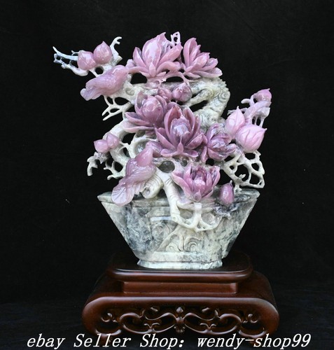 16" Natural Pink Xiu Jade Carve Magnolia flower Bird Magpie Flower ...