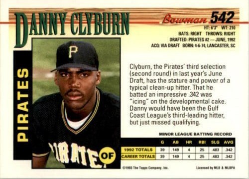 1993 Bowman #542 Danny Clyburn Pittsburgh Pirates Rookie Card | eBay