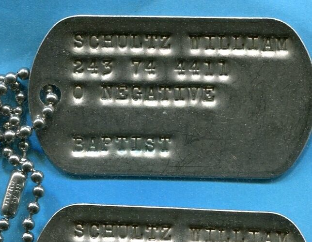 VIETNAM WAR ERA PAIR OF DOG TAGS WILLIAM SCHULTZ WITH CHAINS O NEG ...