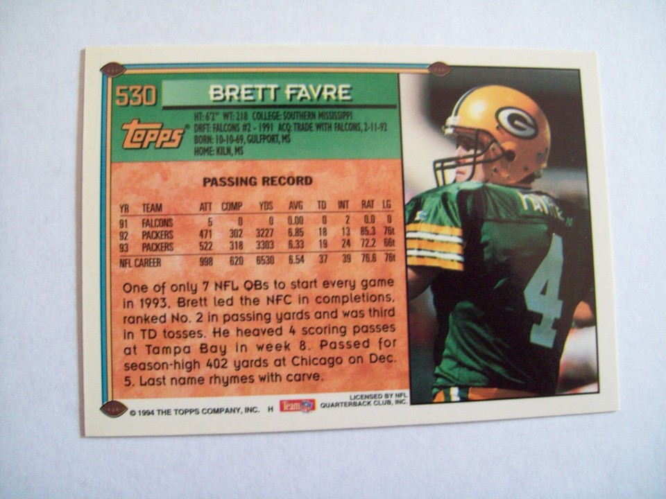 BRETT FAVRE 1994 GREEN BAY PACKERS NFL FOOTBALL TOPPS #530 NFL FOOTBALL ...