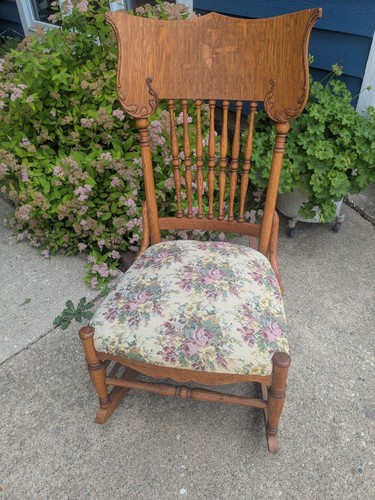 Antique Golden Oak Spindle Rocking Chair with Upholstered Seat Sewing ...