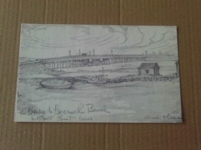 RARE PENCIL ART POSTCARD ARTIST CHARLES OVERBY BRIDGE WESTPORT POINT MA ...