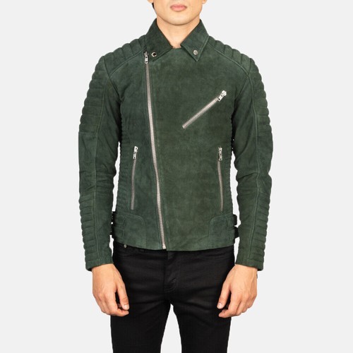 Mens Olive Green Racer Suede Jacket Handcrafted from Genuine Lambskin ...