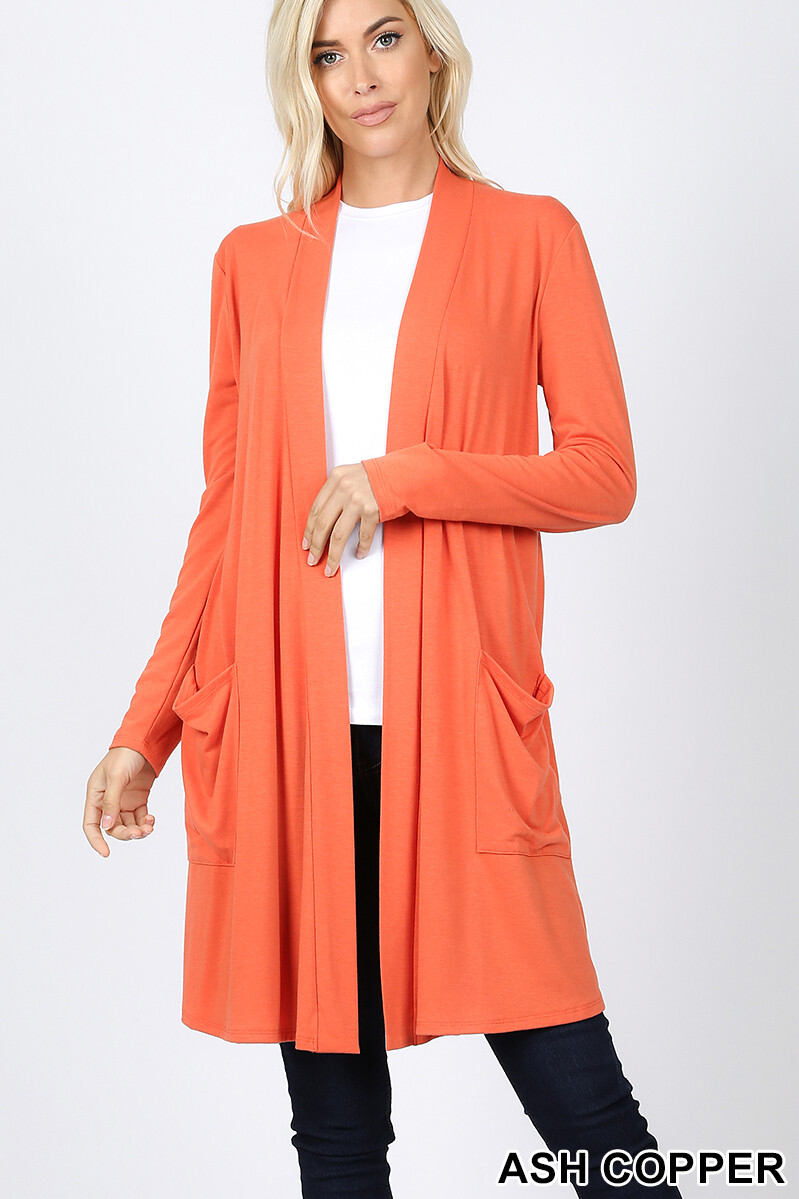 Women's Open Front Long Sleeve Knee Length Jersey Cardigan with Pockets ...