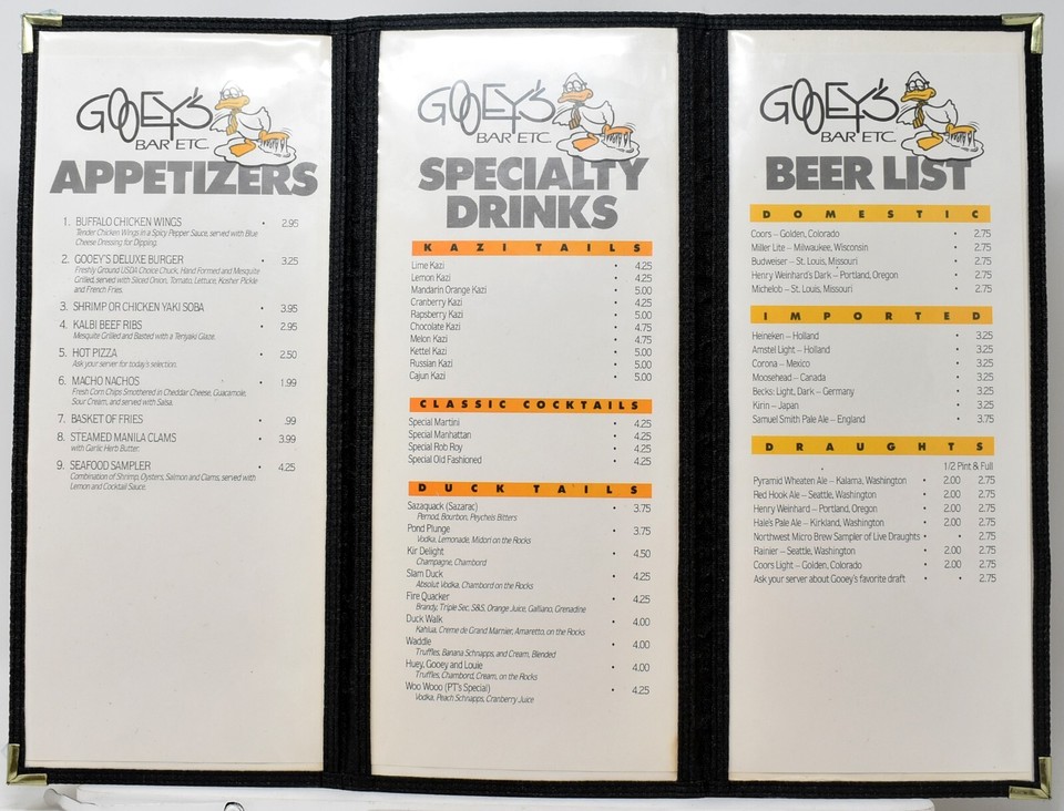 1980s Gooey's Bar Etc Restaurant Menu Seattle Sheraton Hotel Washington ...