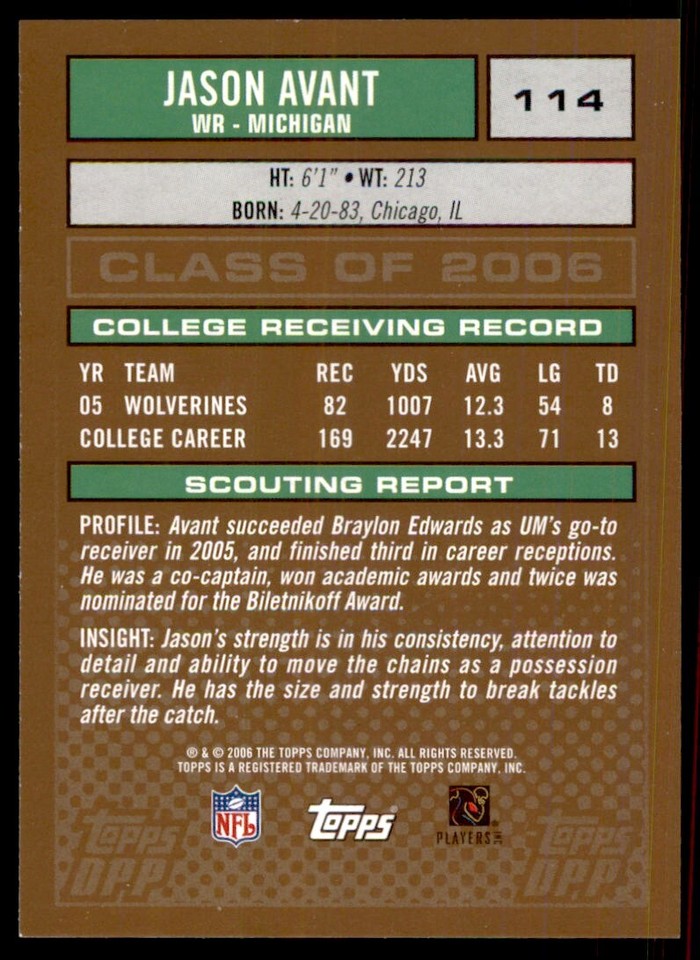 2006 TOPPS JASON AVANT RC MICHIGAN WOLVERINES #114 | eBay