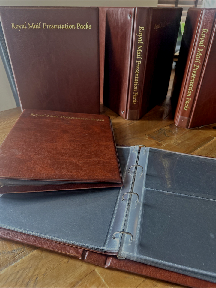 Royal Mail Presentation Pack 4 ring Album binder Brown Faux leather 12 ...