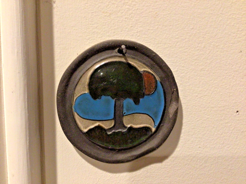 Vtg Handmade Ceramic Wall Art Tile 3” round Stylized Tree &Sun Artist ...