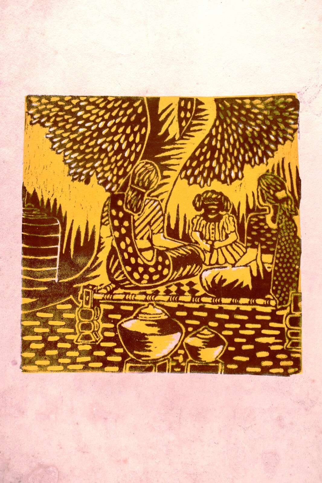 Vintage Lino Printing Indian Women Sitting Under Tree Linocut By ...