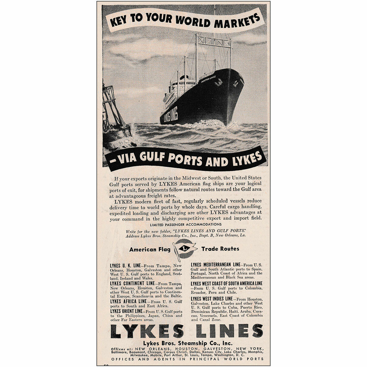 1947 Lykes Lines: Key to Your World Markets Vintage Print Ad | eBay