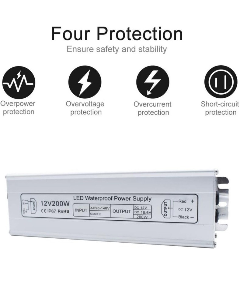 LED Power Supply, 200W IP67 Waterproof Outdoor Driver,AC 90-140V to DC ...