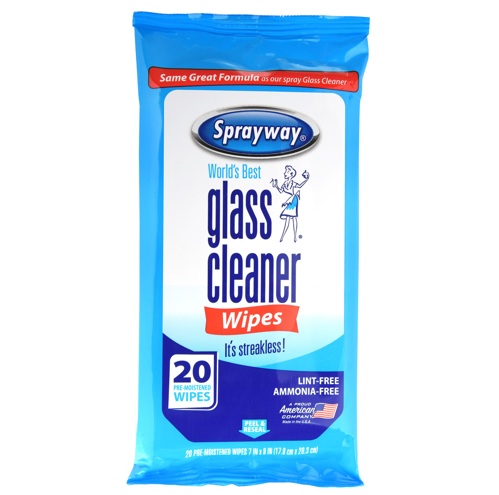 Sprayway GLASS CLEANER WIPES 20 Pre-Moistened Wipes LINT/ AMMONIA FREE ...