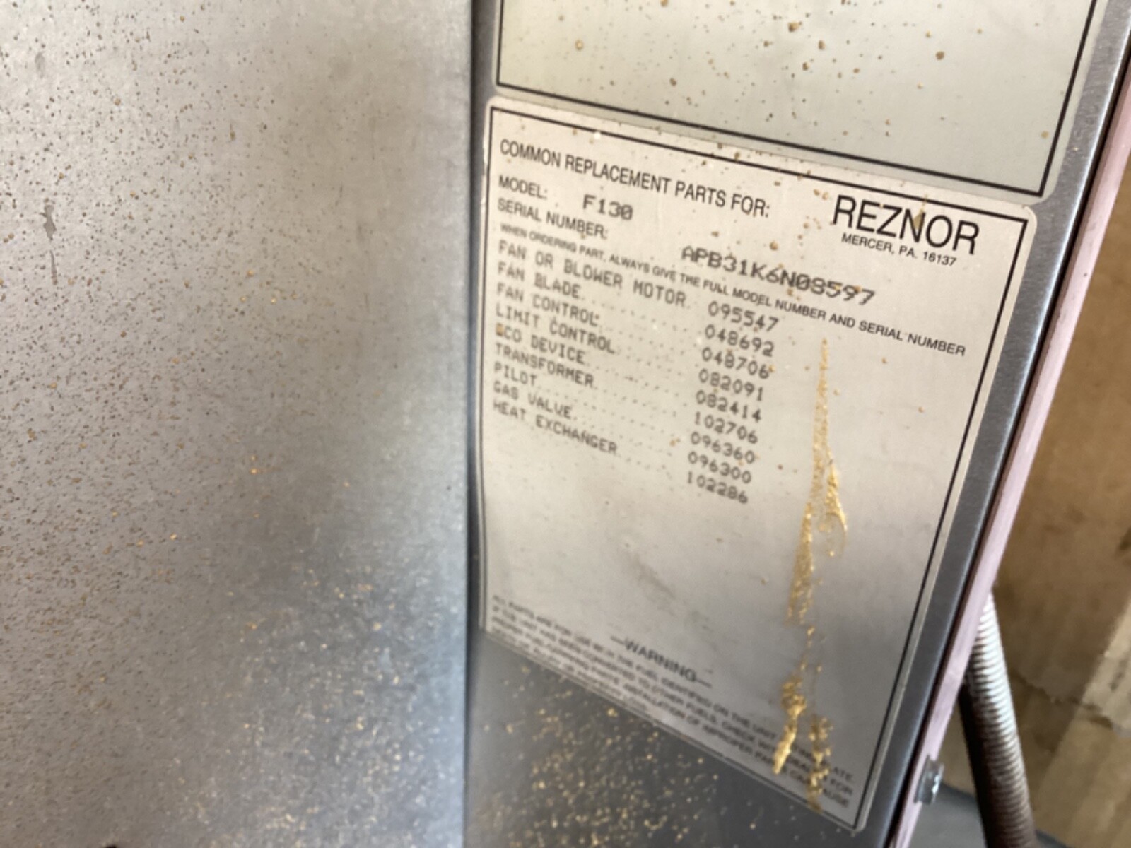 😎 REZNOR F130 NATURAL GAS VERTICAL HEATER 115 VAC 130,000 BTU/H 1 PHASE ...