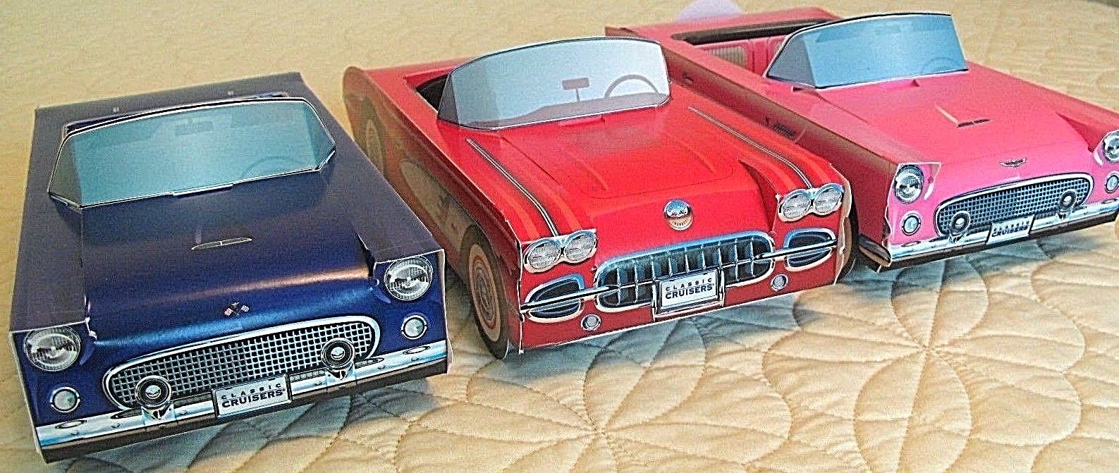 6 Cardboard Cars 4 Ford T-Birds + 2 Corvettes Kids Food Box Table ...