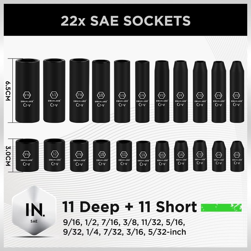 SWANLAKE 1/4 Drive Impact Socket Set, 56-Piece Standard SAE 5/32 to 9/ ...