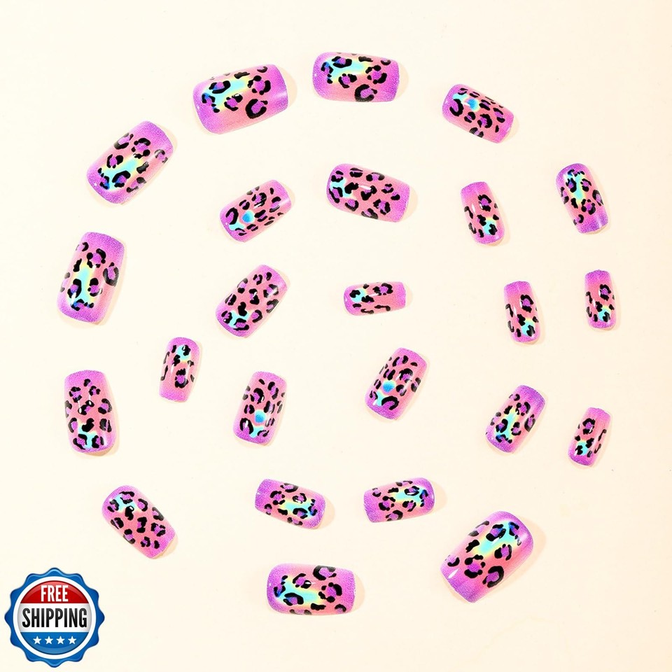 Leopard Print Press on Nails Short Square Fake Nails with Purple ...
