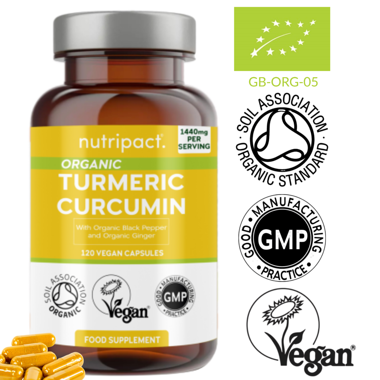 Organic Turmeric Curcumin Capsules Black Pepper & Ginger 1440mg Vegan ...
