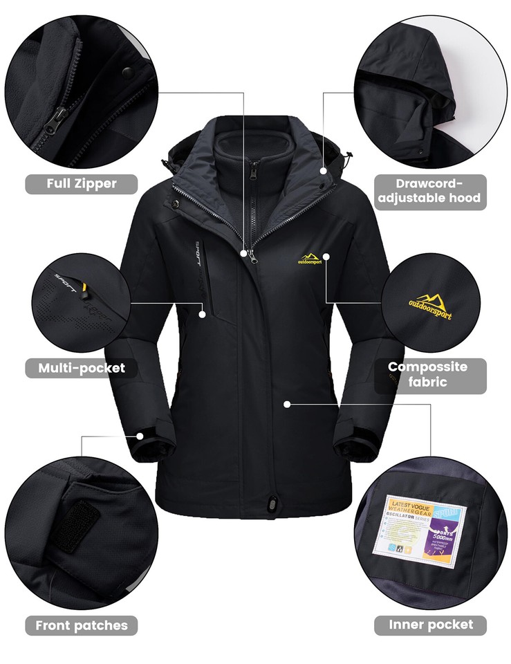 Womens 3-in-1 Winter Coat Snow Ski Jacket Waterproof Windproof Fleece ...