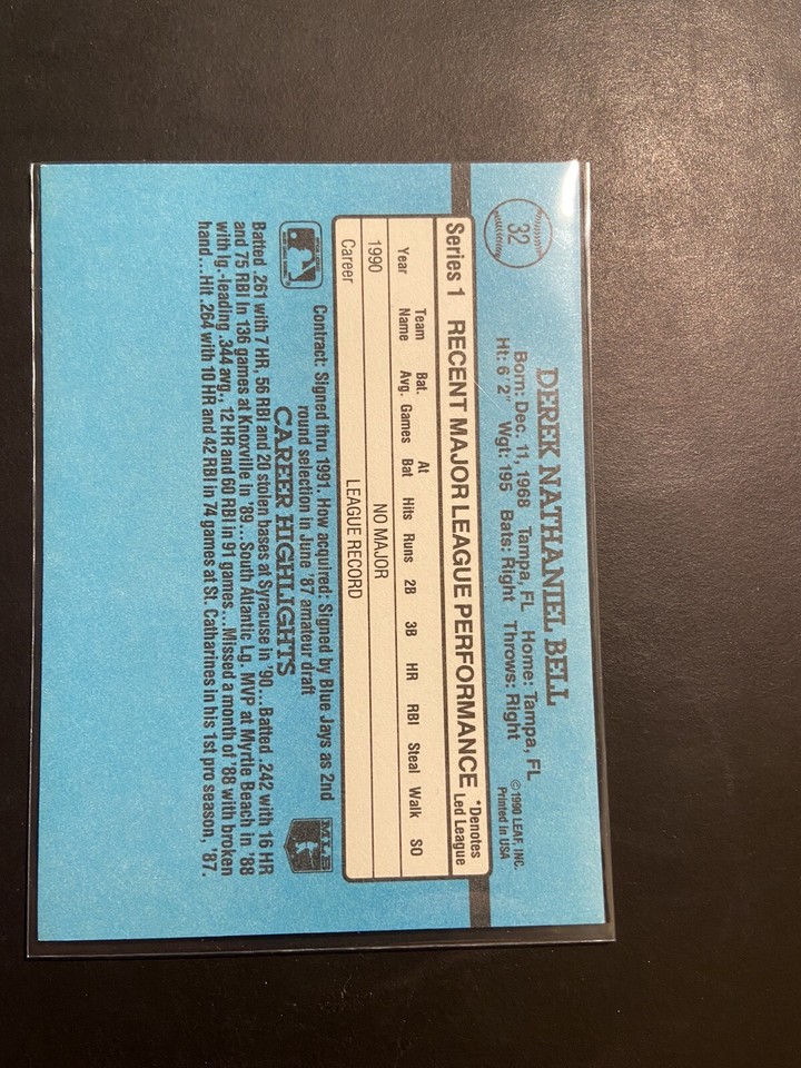 1991 Donruss Rated Rookie #32 Derek Bell Toronto Blue Jays Baseball ...