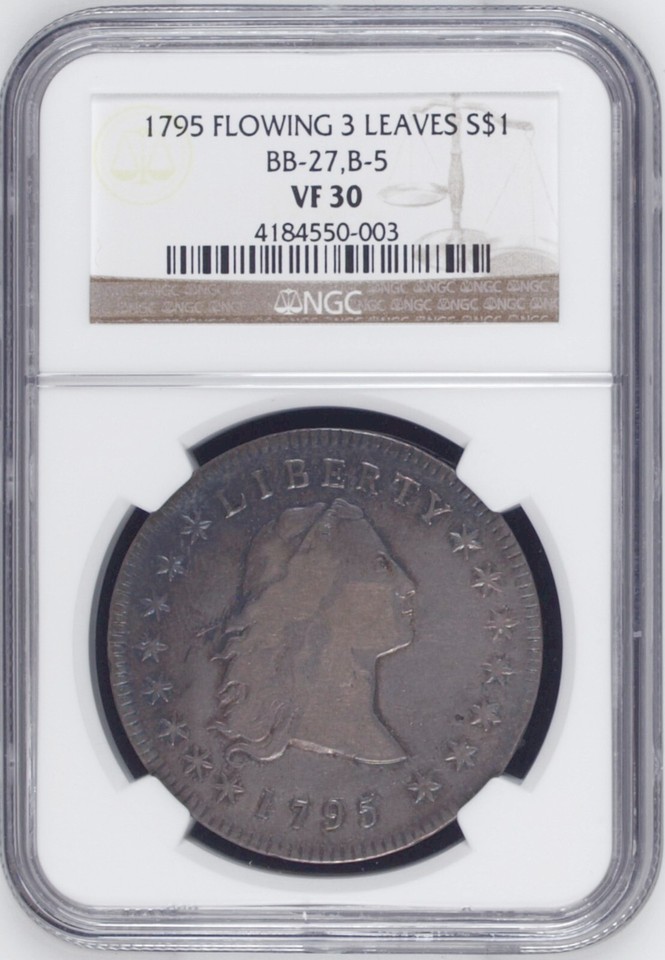 1795 NGC VF30 3 Leaves Flowing Bust Dollar (BB-27, B-5) Scarce Early ...