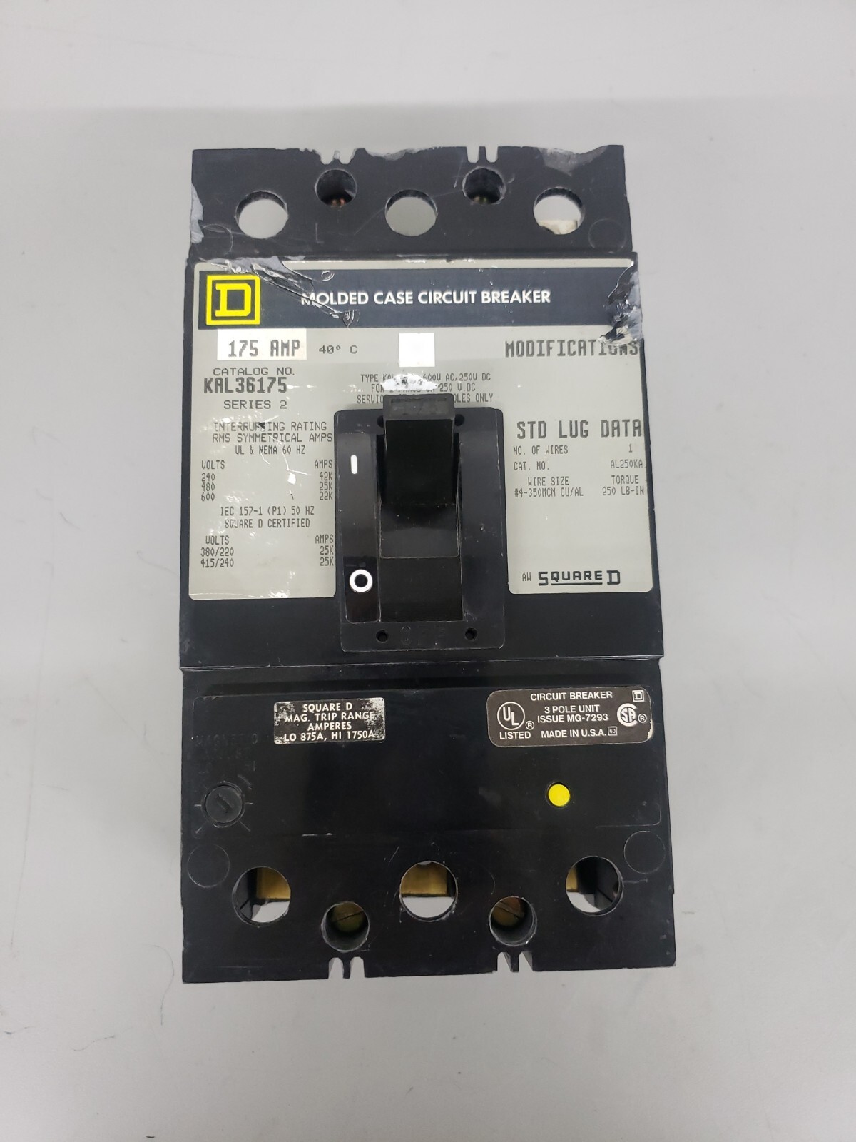 Square D KAL36175 3 Pole 175Amp 600V Molded Circuit Breaker USED WITH ...