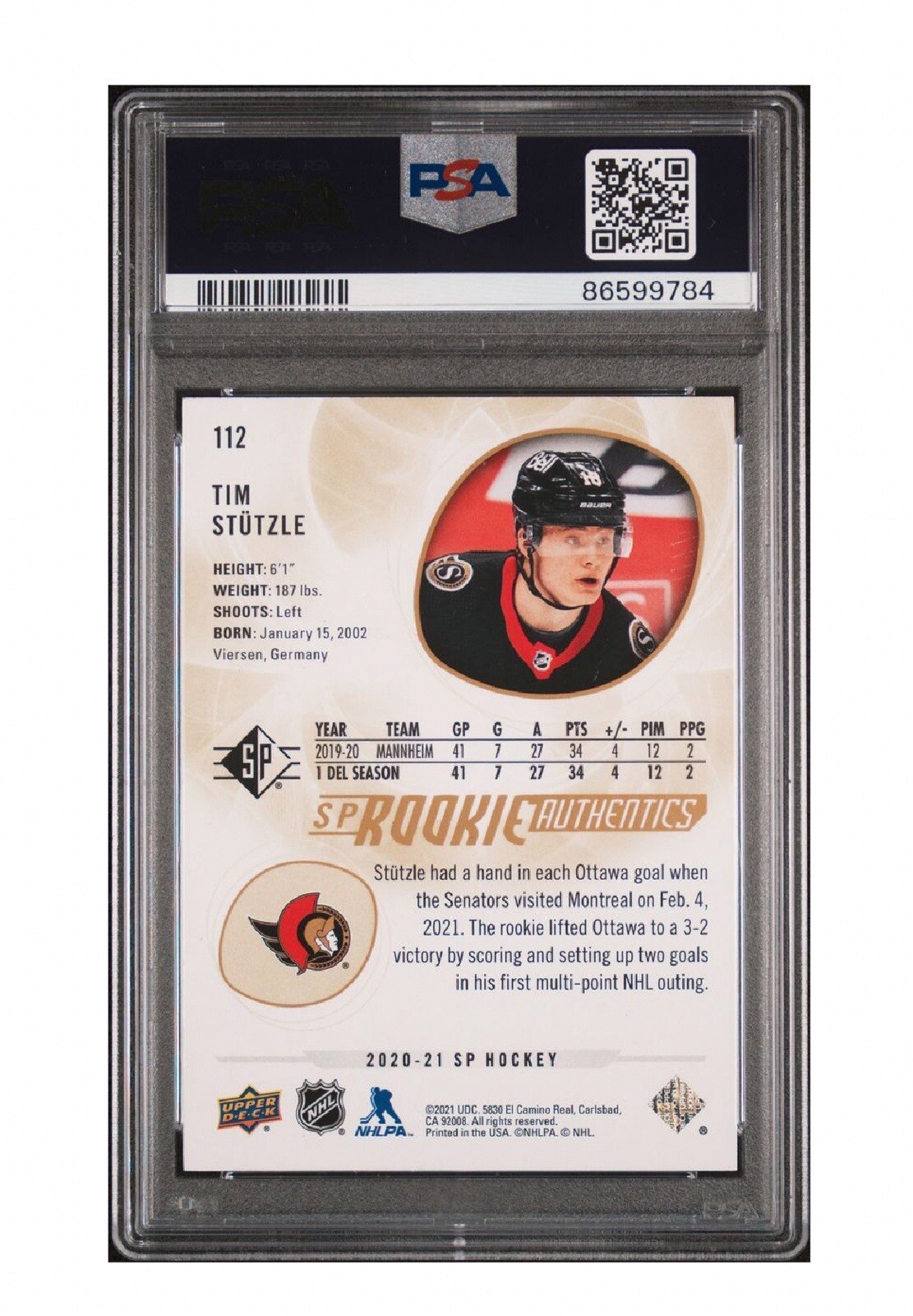 2020-21 SP Rookie Authentics Gold #112 Tim Stutzle /999 (RC) PSA 9 ...