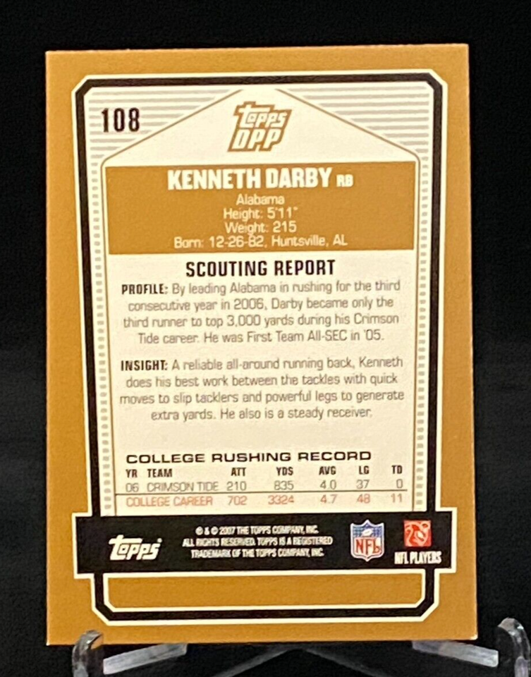 2007 Topps Draft Picks And Prospects Rookie #108 Kenneth Darby Alabama ...