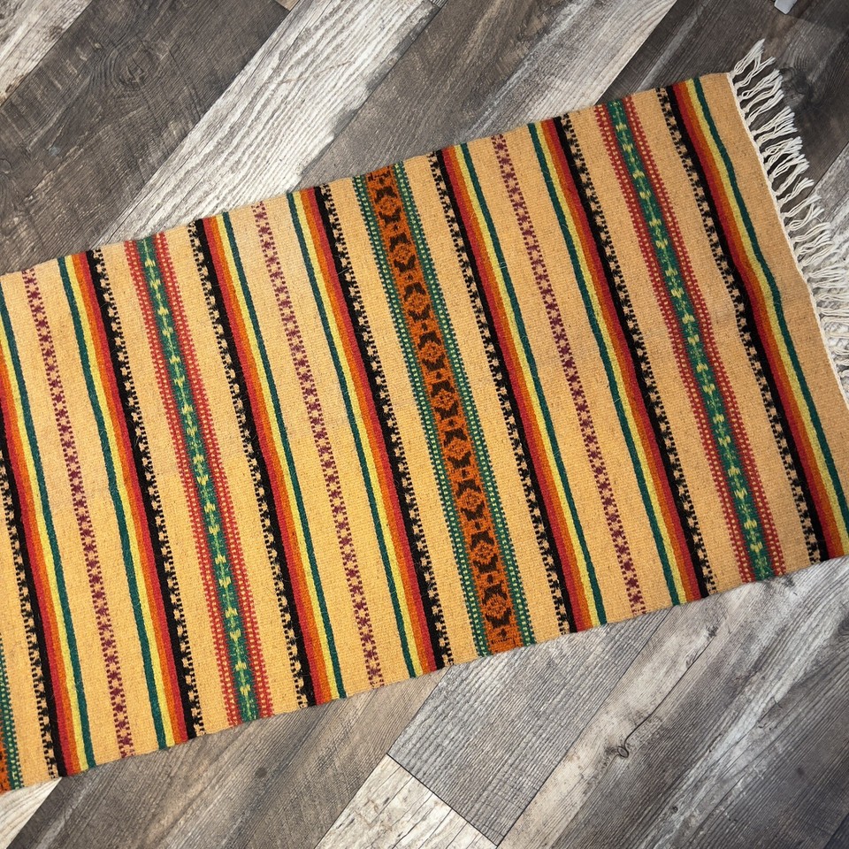 Zapotec Oaxaca Wool Rug 24x60" Hand Made Woven Orange Rasta Geometric ...