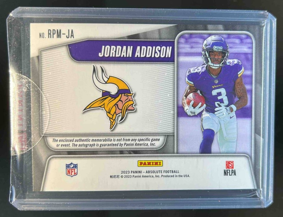 2023 Absolute Jordan Addison Rookie Autos Triple Patch Auto RC RPA #34/ ...