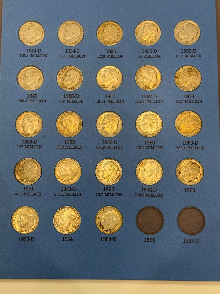 Complete Silver Roosevelt Dime Set Whitman 1946-1964 - 73 Dimes in ...