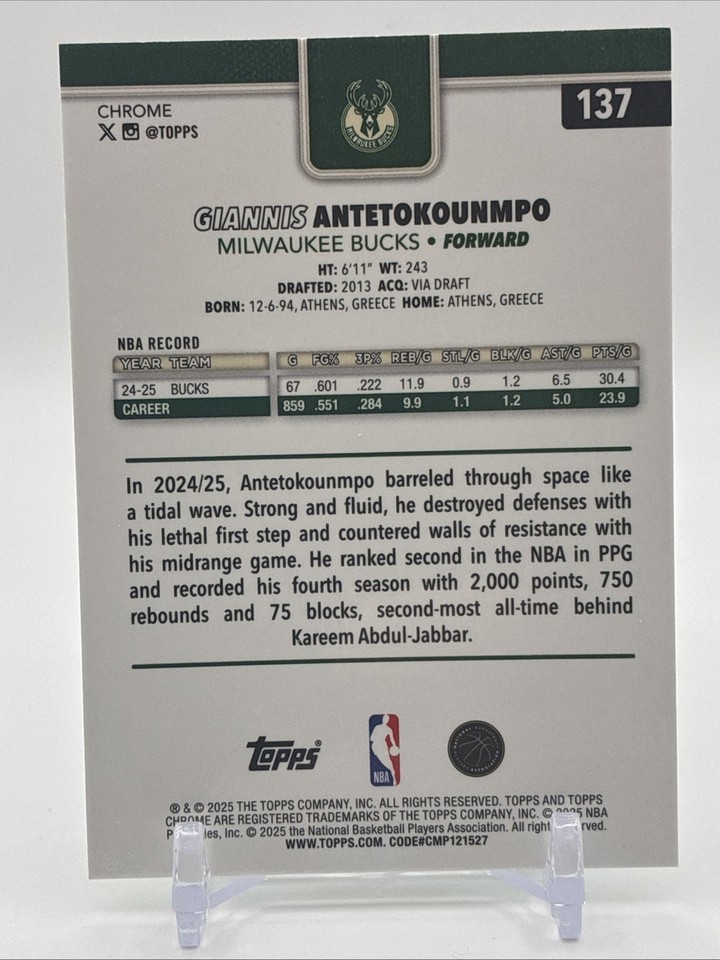 2025-26 Topps Chrome Green Wave Refractor Giannis Antetoukonmpo /99 ...